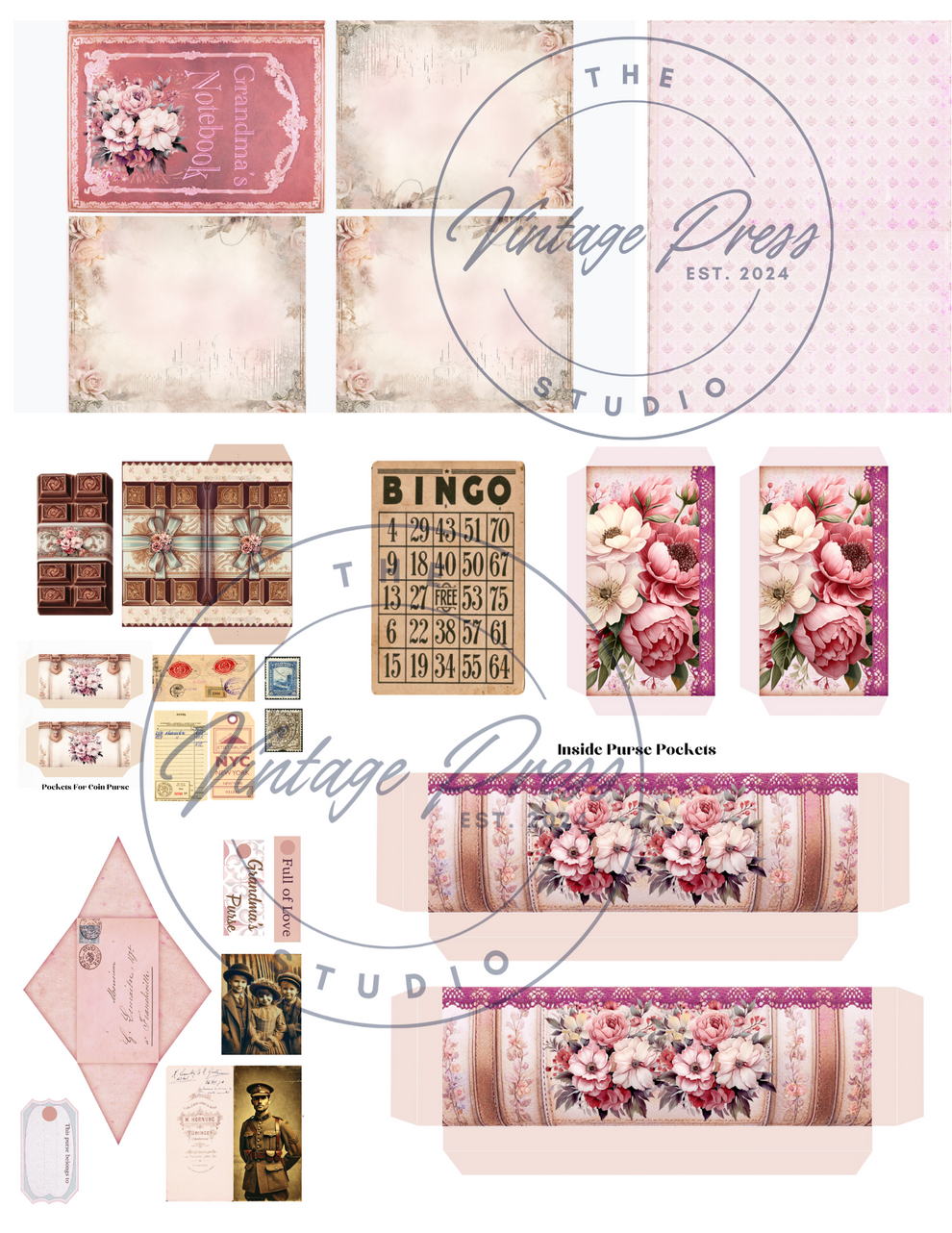 "Grandma's Purse" Junk Journal Fabric & Paper Kit – Vintage Press Studio