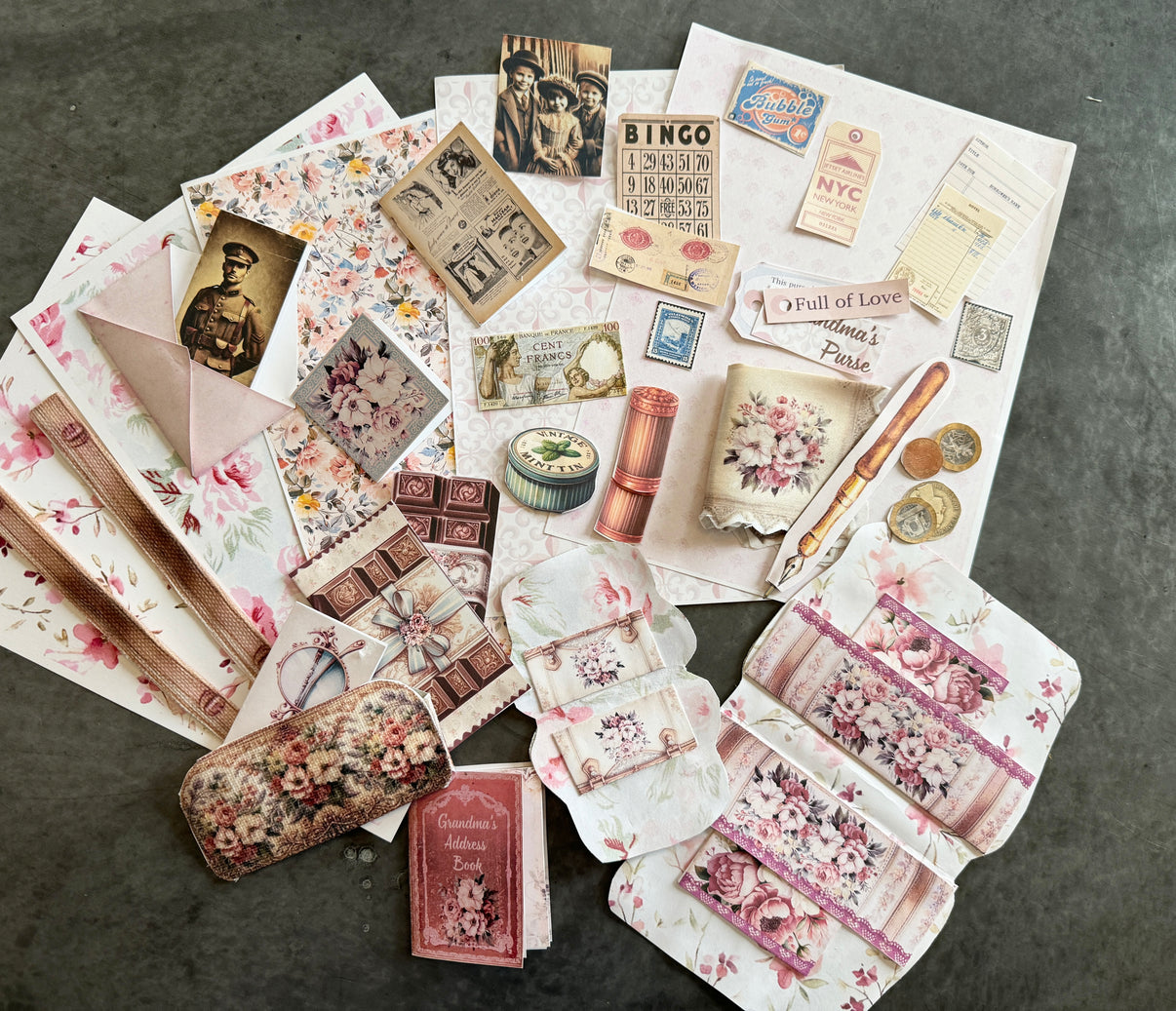 "Grandma's Purse" Junk Journal Fabric & Paper Kit – Vintage Press Studio
